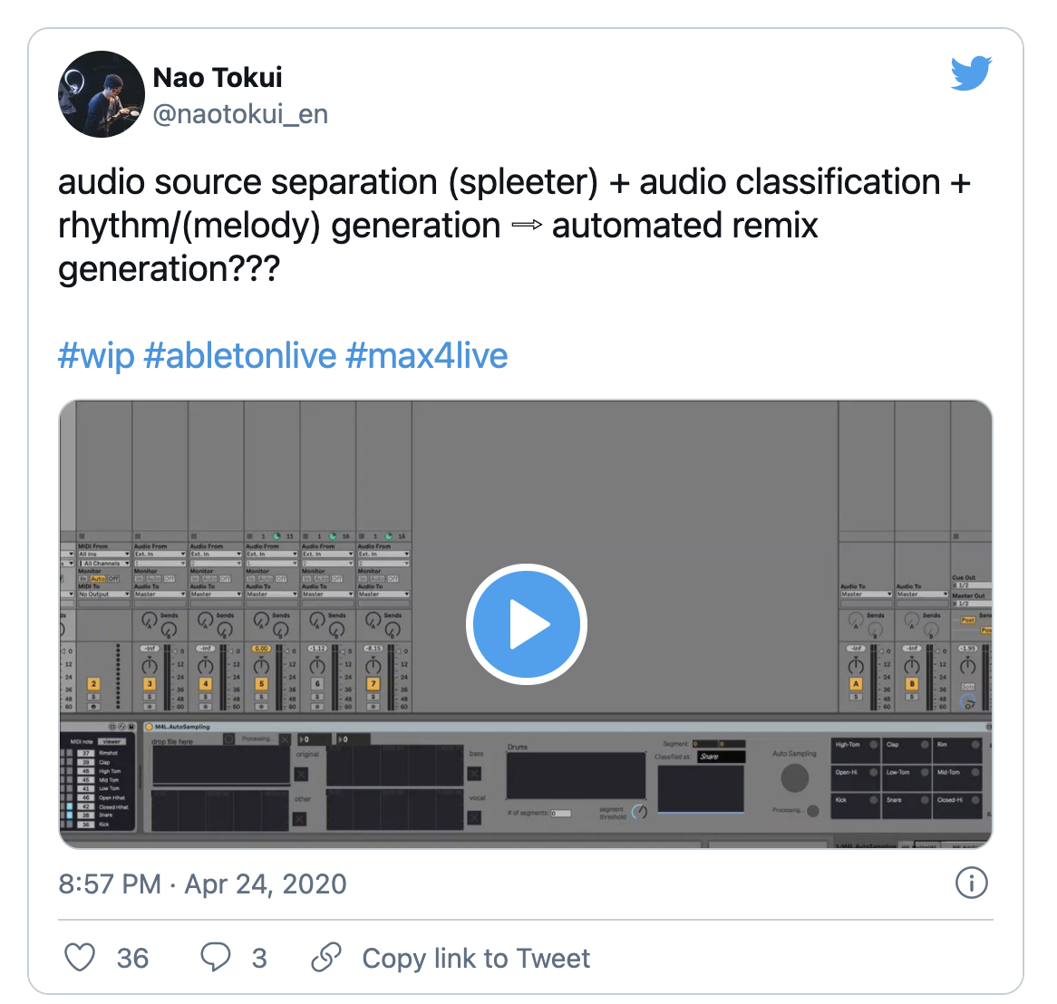 audio source separation + classification + rhythm generation → ...
